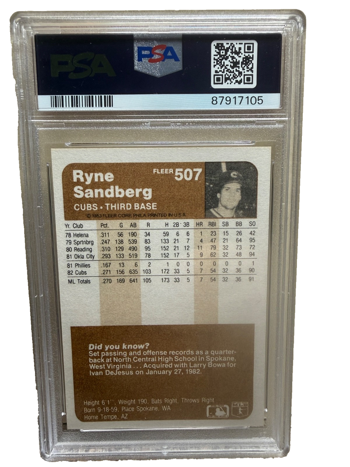1983 Fleer #507 Ryne Sandberg Rookie Card RC, PSA 9 Mint, HOF | eBay