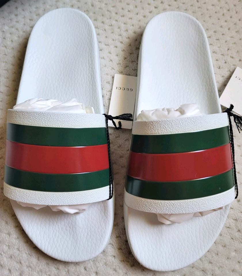 NIB GUCCI Pursuit Stripes White Pool Slides Mens - White Gucci Web ...