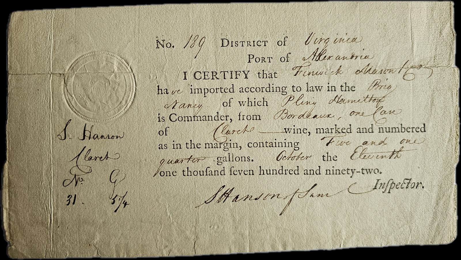 1792 Alexandria Wine Import Cert Joseph Fenwick and John Mason, Son ...