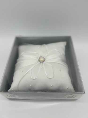 Small ring pillow for wedding faux pearls on one side, ribbons 7"in by ...