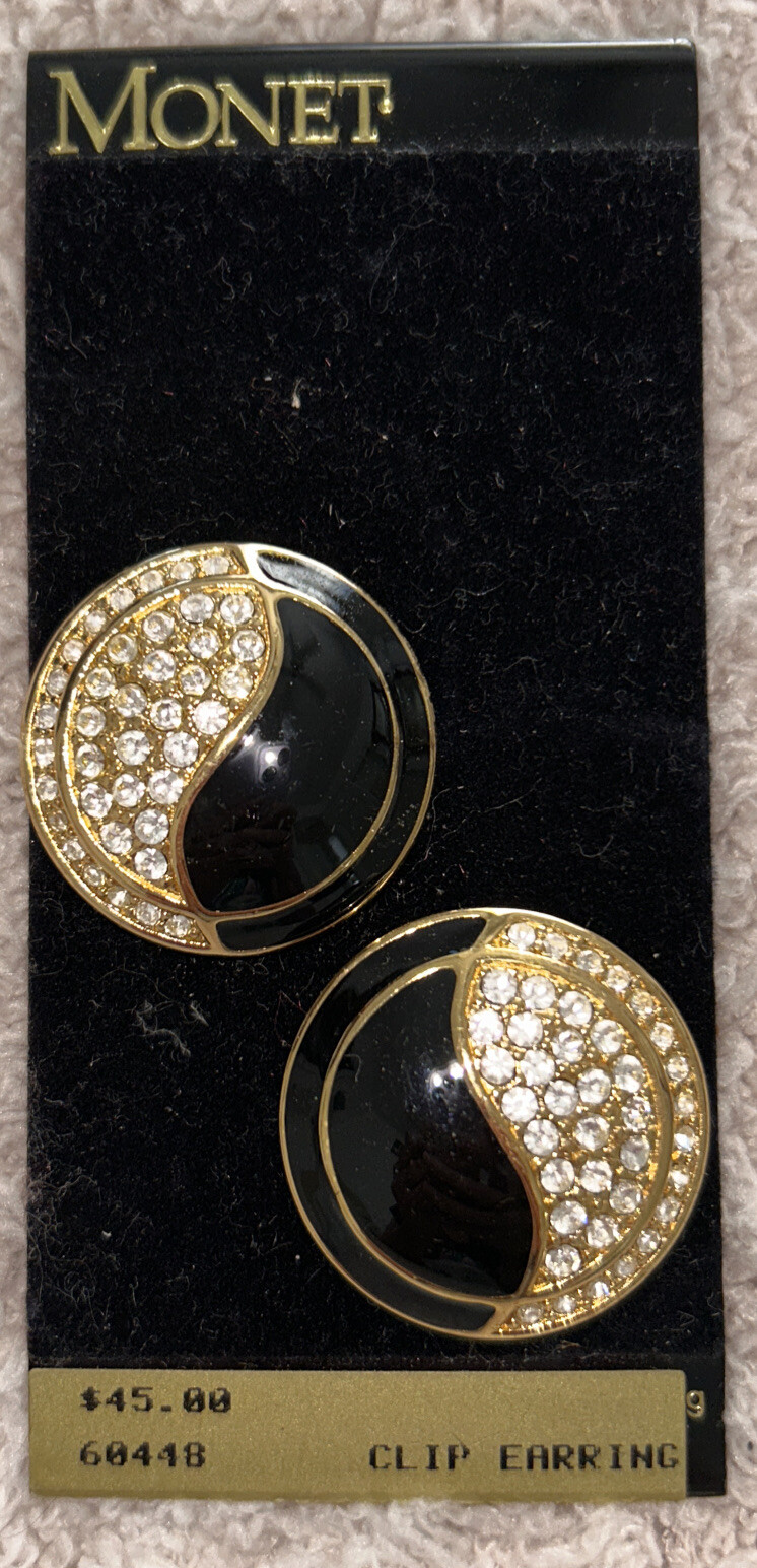 NEW Vintage Beautiful Monet Black Enamel and Clear Rh… - Gem