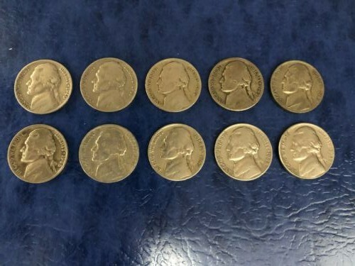 JEFFERSON NICKELS, LOT OF 10 COINS 1940, 41, 42, 43S, 44P, 45P, 46, 47 ...