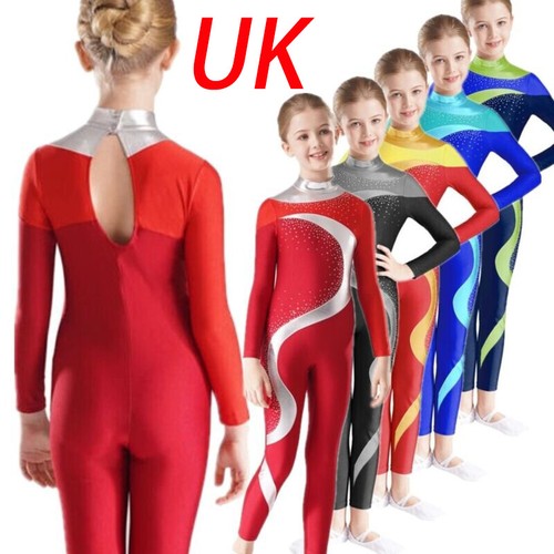 UK Girls Dance Gymnastic Leotard Unitards Full Length Bodysuit Catsuit ...