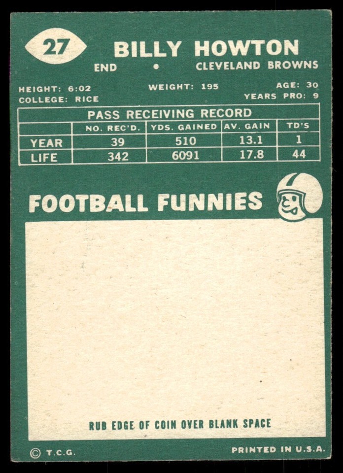 1960 Topps Football Card Bill Howton Cleveland Browns #27 VG-EX | eBay