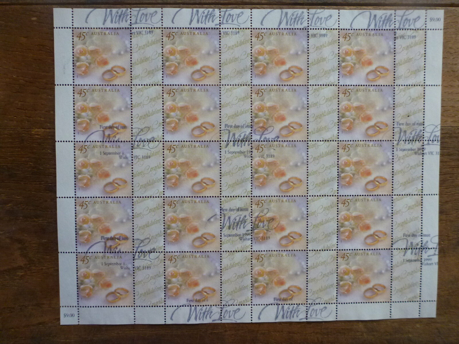 AUSTRALIA 1999 GREETINGS SHEETLET 20 TAB STAMPS FDI USED STAMPS 45c ...