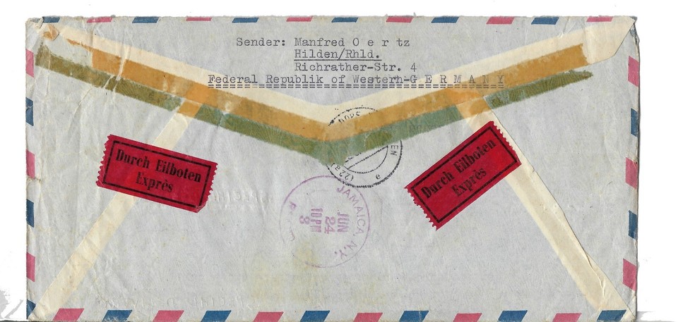 NN 597 GERMANY 1961 HILDEN -NEW YORK USA,SPECIAL EXPRESS 10PF GREAT ...