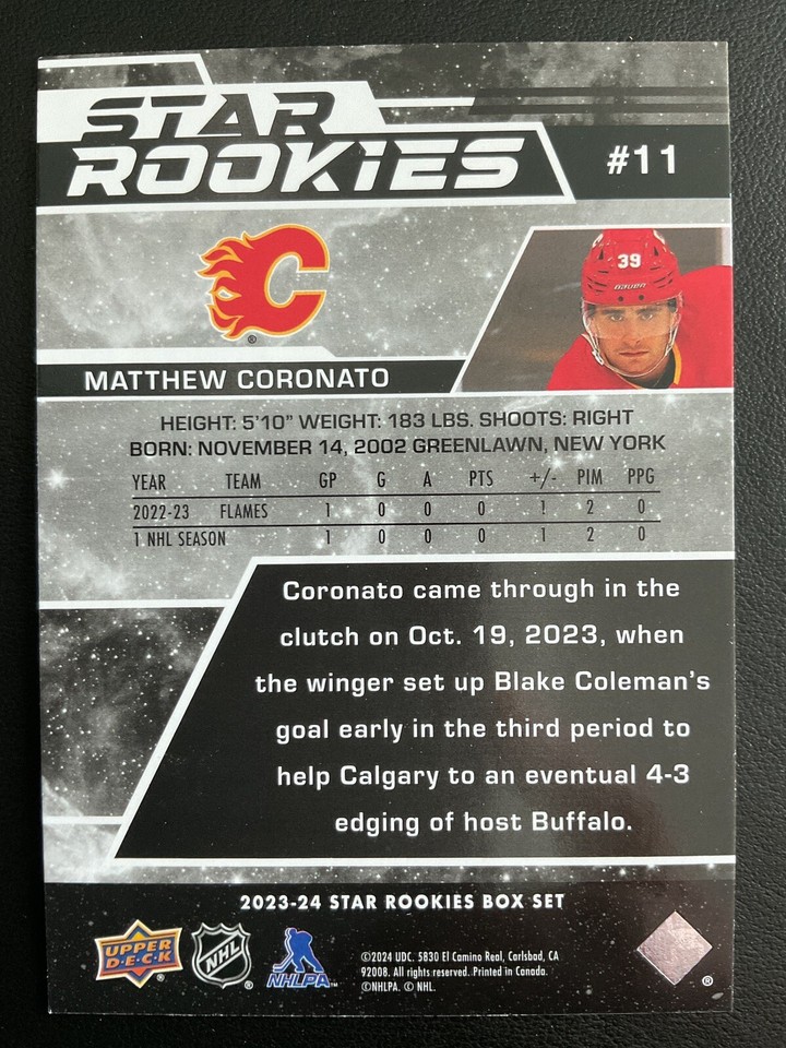 Matthew Coronato 2023-24 Upper Deck Star Rookies Blue Parallel RC Card ...