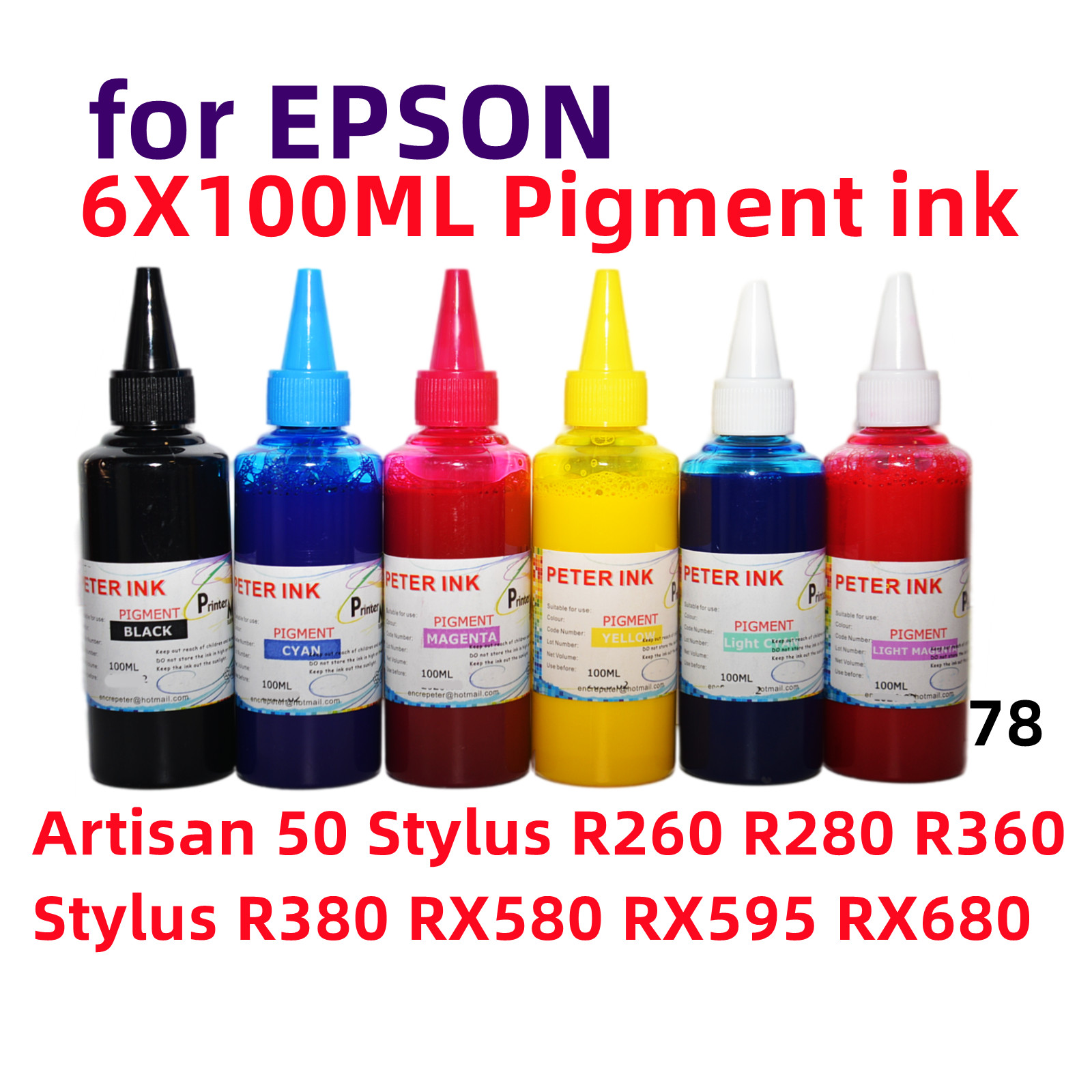 6X100ML Pigment ink refill Stylus R260 R280 R380 RX580 RX680 RX595 ...