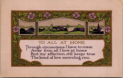 Vtg To All at Home Poem Verse Art Nouveua Style Greeting Gold Gilt ...