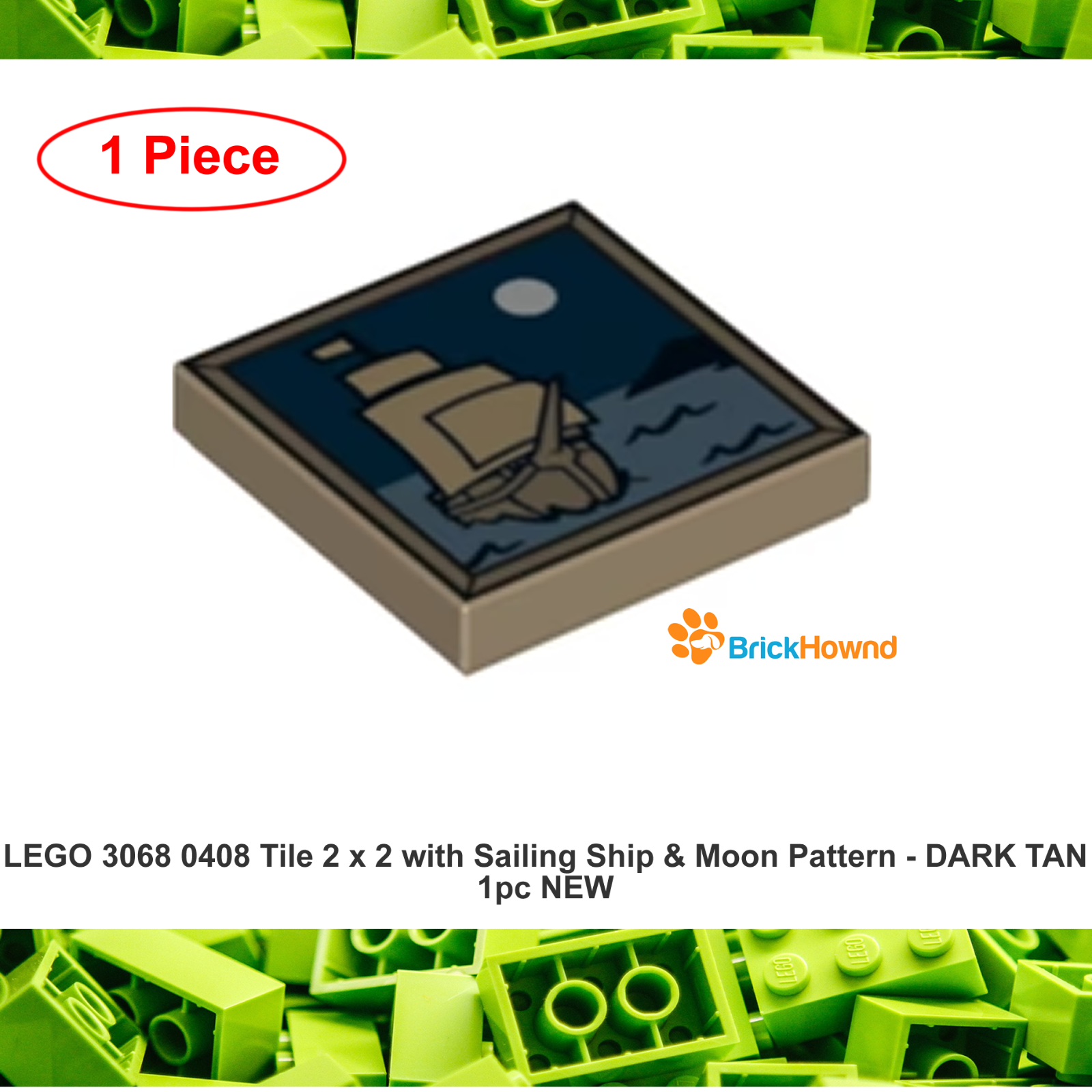 LEGO 3068 0408 Tile 2 x 2 with Sailing Ship & Moon Pattern - DARK TAN ...