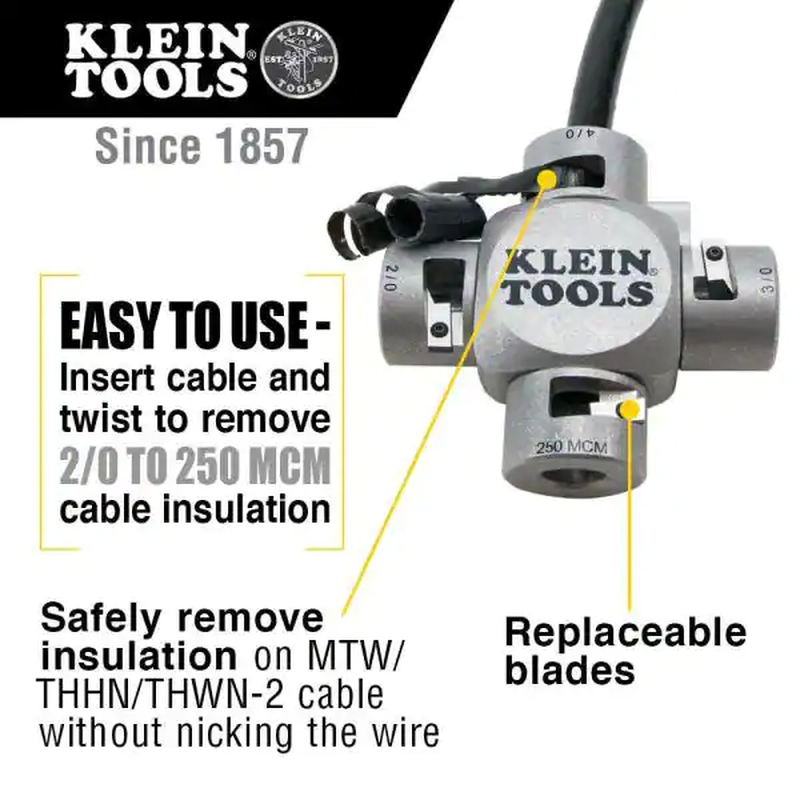 Klein Tools Large Cable Stripper Wire Insulation Remover Aluminum 2/0 ...