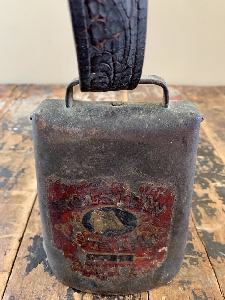 Primitive Antique Holstein Cow Bell w/Original Leather Collar ...