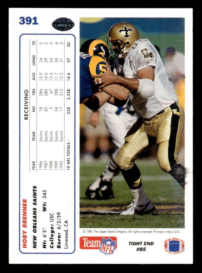 1991 Upper Deck Hoby Brenner #391 New Orleans Saints Football Card | eBay