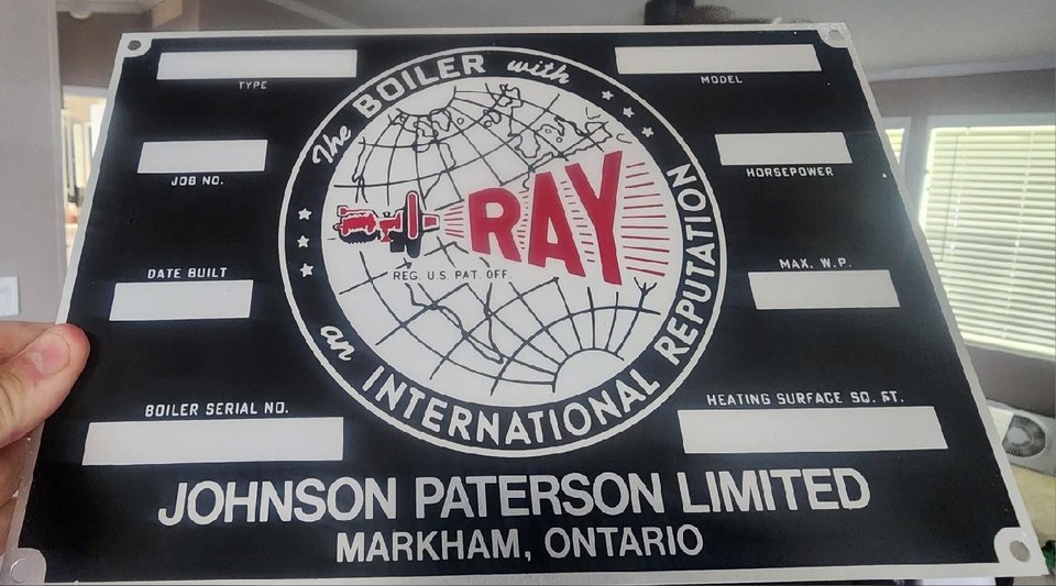 VINTAGE JOHNSON PATERSON MARKHAM ONTARIO CANADA RAY BOILER TAG EMBLEM ...