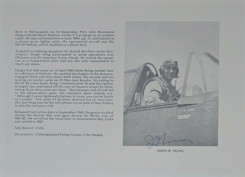 John Hoag (RARE) signed 8x10 Bio photo F6F HELLCAT Ace 5V VF-82 PAC ...