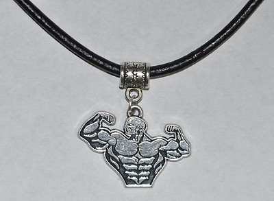 Flexing Bodybuilder Pendant Charm Gym Muscle Workout Round Leather ...