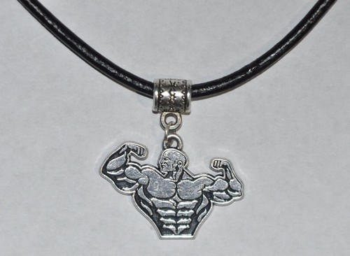 Flexing Bodybuilder Pendant Charm Gym Muscle Workout Round Leather ...