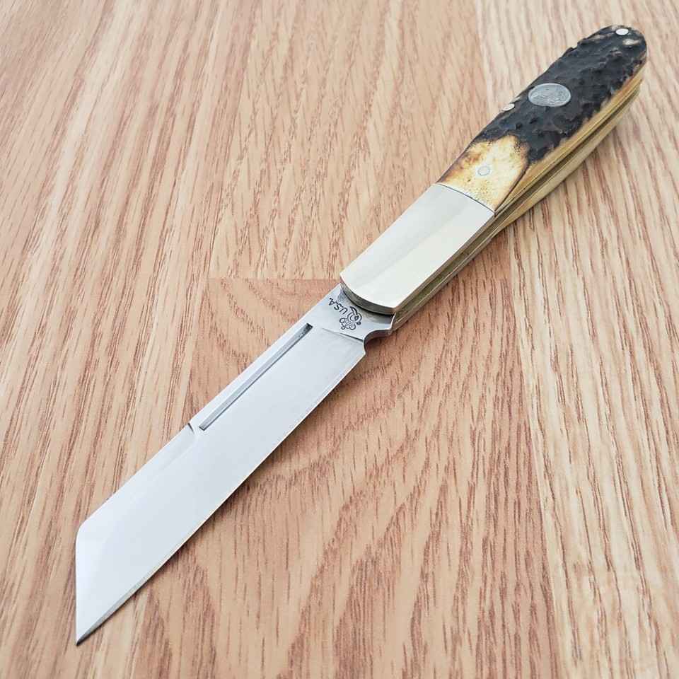 Queen Large Barlow Folding Knife Polished 1095HC Steel Blade Burnt Stag ...