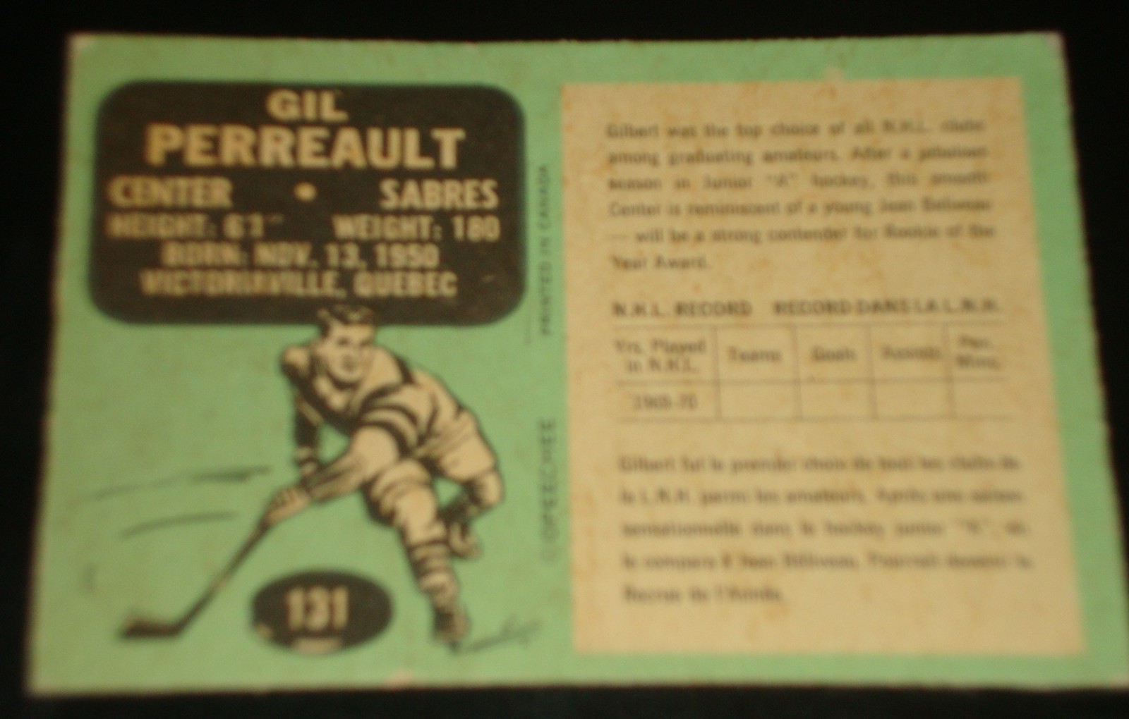 GIL PERREAULT ROOKIE 1970, O-PEE-CHEE, #131 Buffalo Sabres, Hockey Card ...