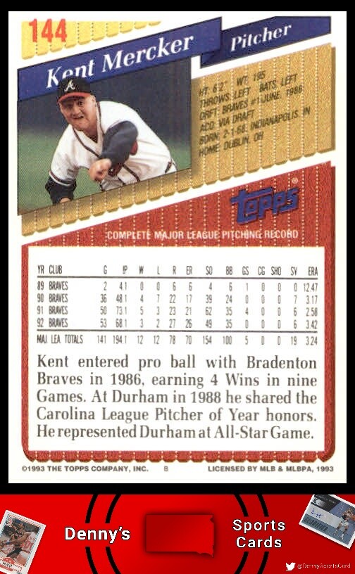 1993 Topps #144 Kent Mercker Atlanta Braves Baseball Card | eBay