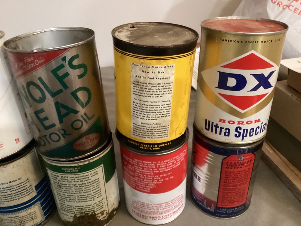 Lot Of 12 VINTAGE MOTOR OIL Cans DX Skelly Quaker State Sohio Wolfs ...