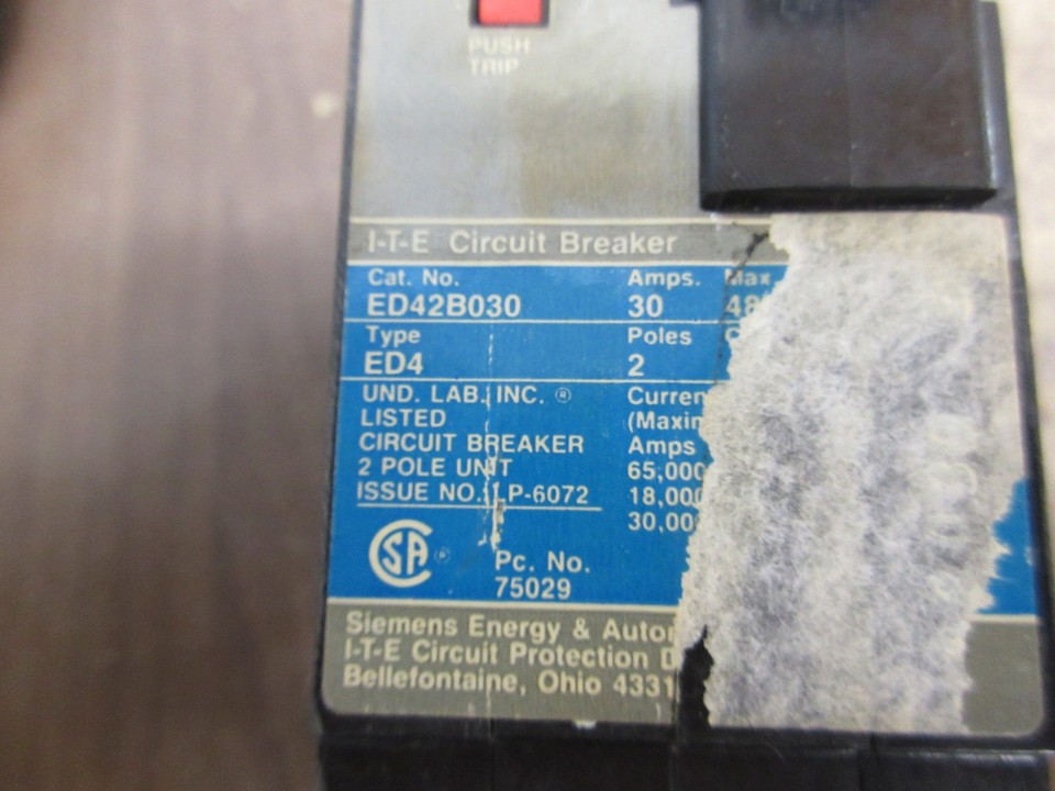 Siemens ITE Circuit Breaker ED42B030 30A 480V 2P Used | eBay