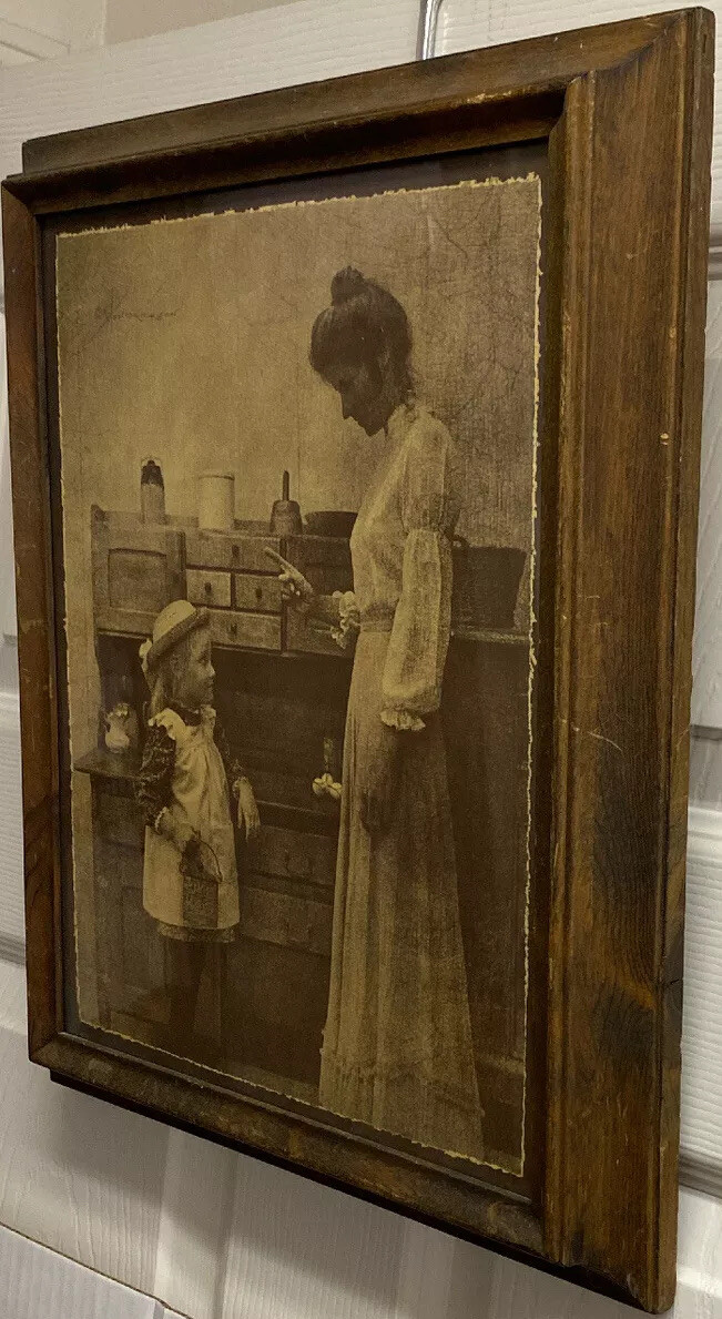 R Hendrickson Signed Vintage Sepia Art Print Wood Framed Woman Mom ...