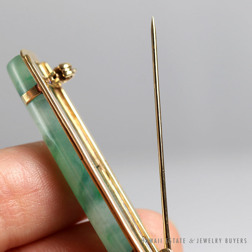 VINTAGE MING'S HAWAII GREEN JADE BAR 14K YELLOW GOLD BROOCH PIN SIGNED ...