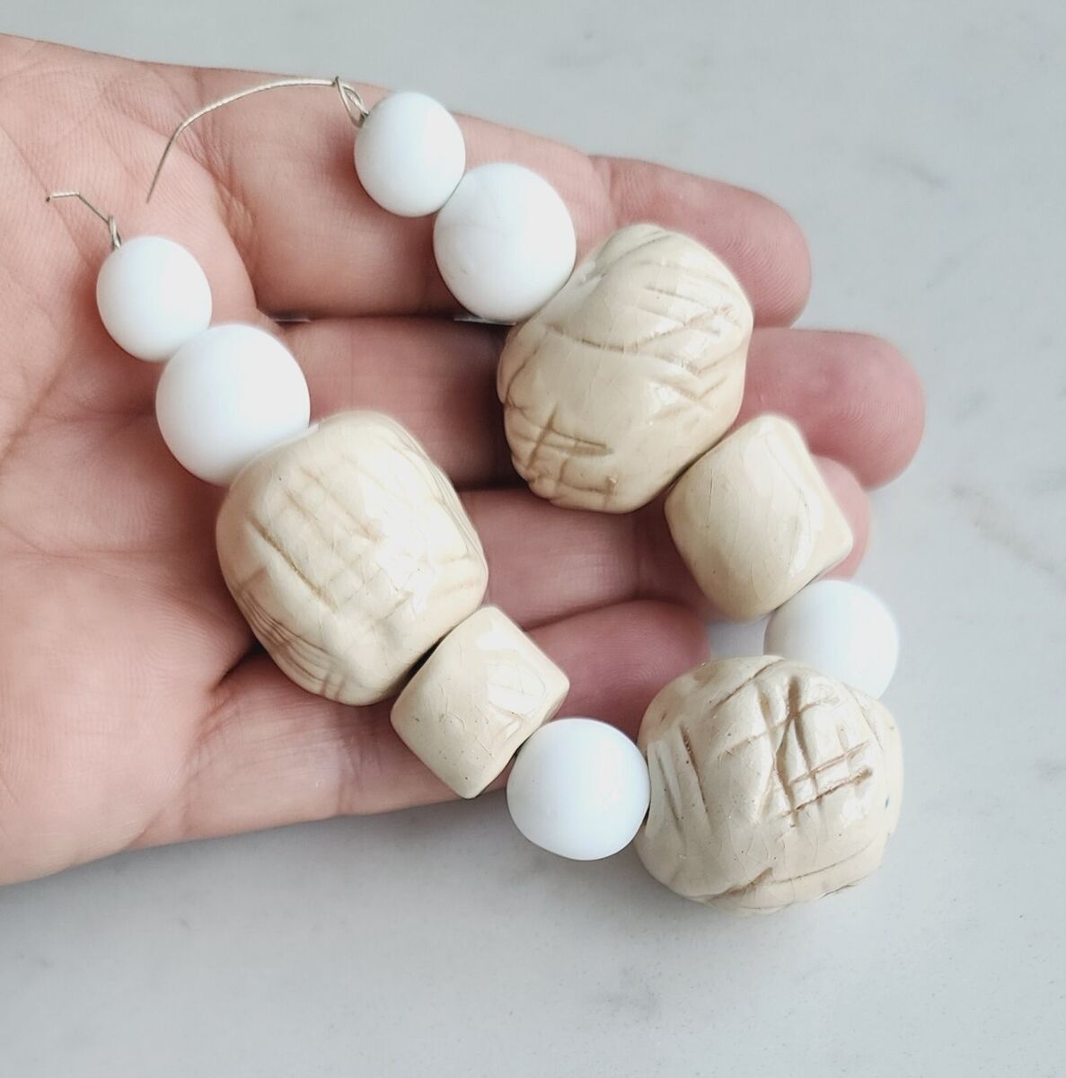 Ceramic beads vintage ceramic beads white beads large handmade beads V1012