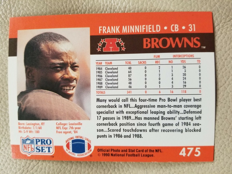 Frank Minnifield Cleveland Browns Cornerback Pro Set 1990 Card #475 | eBay