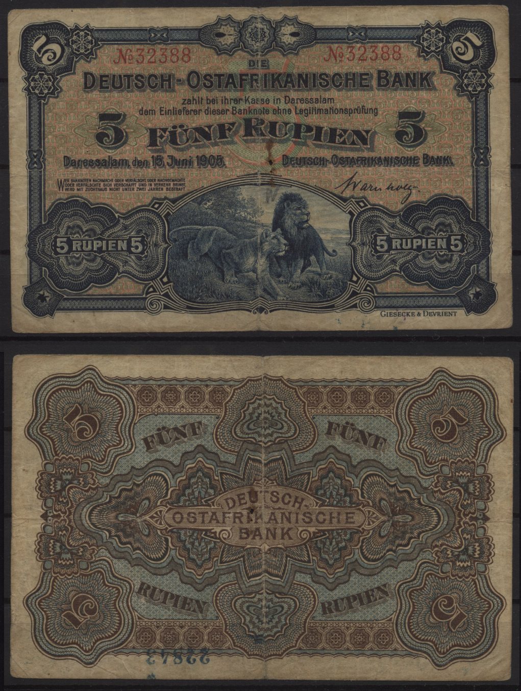 Mit Nummerator-Stempel: DOA/DEUTSCH-OSTAFRIKANISCHE BANK, 5 Rupien, 15. ...