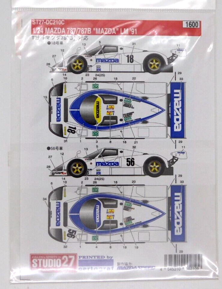 Decal Studio27 Mazda 787 787B Le Mans 1991 #18 56 1:24 DC210C Race Car ...