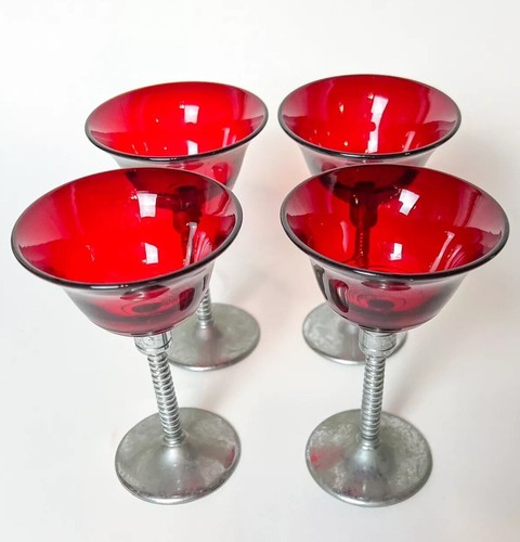 4 Vintage 1940s Ruby Red Glass & Metal Cordial Wine Martini Glasses Art ...