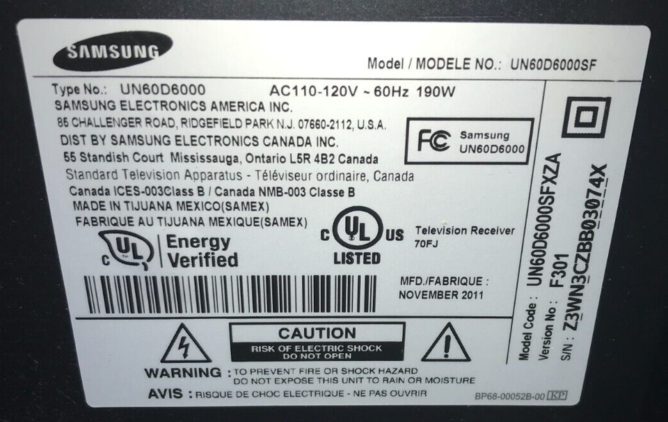 Samsung UN60D6000SF 60'' Class LED HDTV Contrast Ratio 5,000,000:1, 240 ...