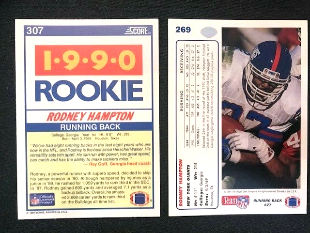NFL - Rodney Hampton 1990 Score Rookie Card & 1991 Upper Deck - 2 Card ...