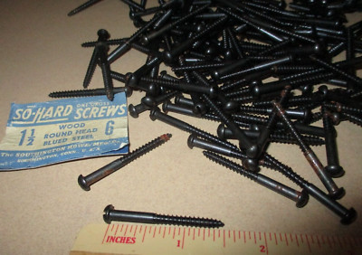 48 VINTAGE NEW-OLD STOCK BLUED SLOTTED ROUND HEAD STEEL WOOD SCREWS, 1 ...