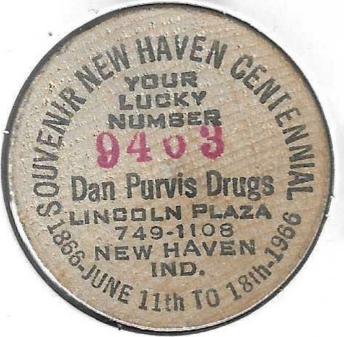 1966, New Haven, Indiana Centennial, Dan Purvis Drugs, BUFFALO Wooden ...