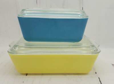 Vintage 1950s PYREX Set Yellow Teal Blue Glass Refrigerator Dish W/Lids ...