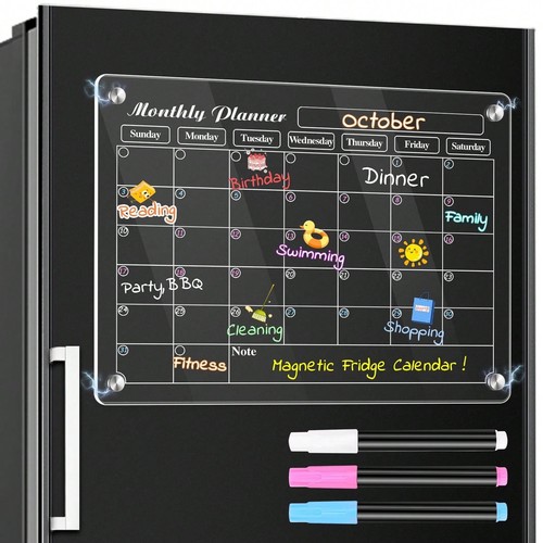 【FBE】Acrylic Magnetic Calendar - 14.6x10.6" Dry Erase Board w/3 Markers ...