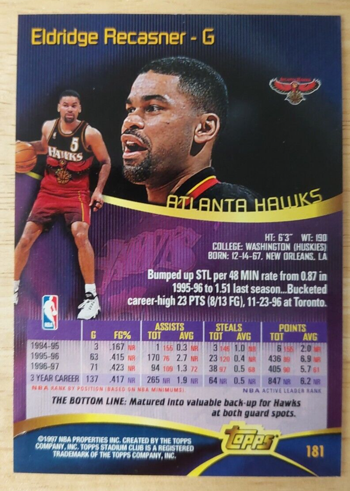 1997 TOPPS Atlanta Hawks Basketball Card #181 Eldridge Recasner | eBay