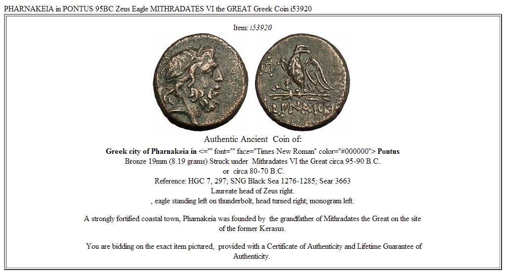PHARNAKEIA in PONTUS 95BC Zeus Eagle MITHRADATES VI the GREAT Greek ...