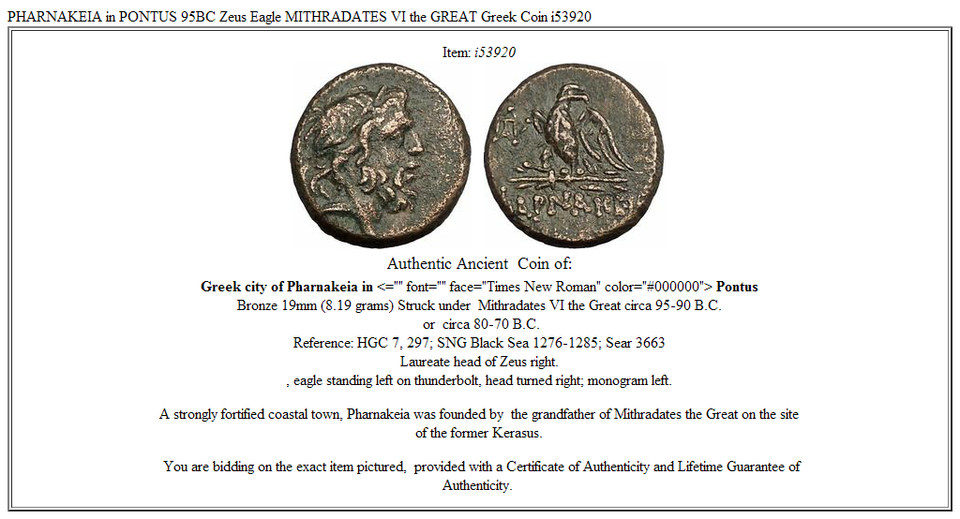 PHARNAKEIA in PONTUS 95BC Zeus Eagle MITHRADATES VI the GREAT Greek ...
