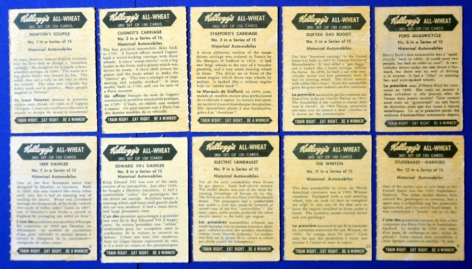 Lot of 10 KELLOGG'S ALL-WHEAT Series 3 HISTORICAL AUTOMOBILE Cards ...