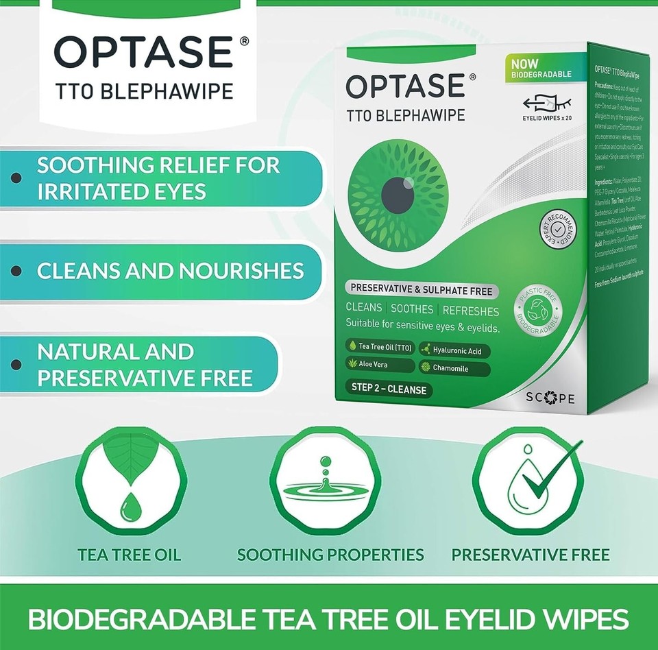 Optase Tea Tree Oil Eye Lid Wipes - Cleans, Soothes & Refreshes - 20 ...