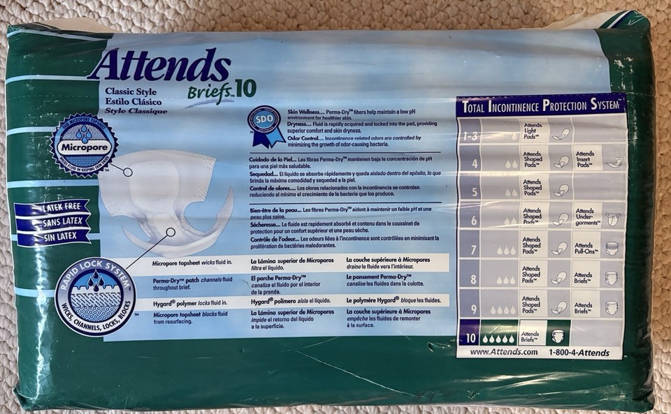 Vintage 24 Attends Adult Briefs 10 Large Incontinence Diapers Classic ...