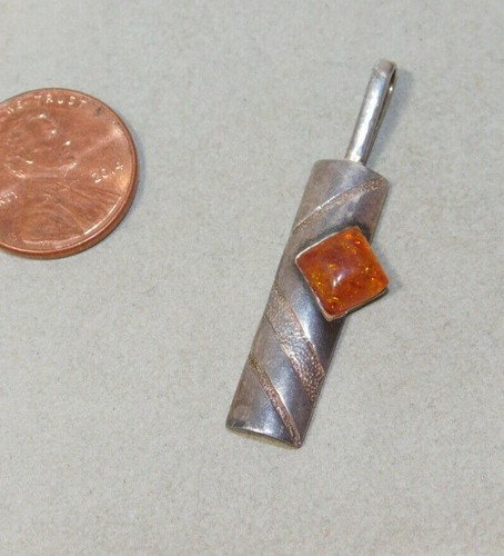 925 Sterling Silver Golden Honey Amber Squre Cabochon Modernist Pendant ...