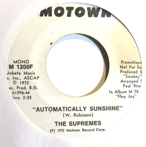 SUPREMES * 45 * Automatically Sunshine * 1972 #37 * DJ PROMO *USA ...