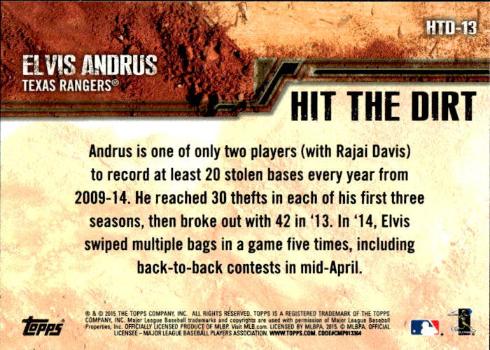 Elvis Andrus 2015 Topps Opening Day #HTD-13 Hit The Dirt Texas Rangers ...