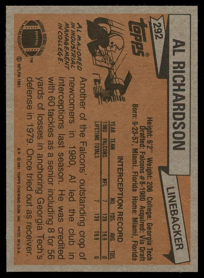 1981 Topps B Al Richardson #292 RC NM-MT / Better Atlanta Falcons | eBay