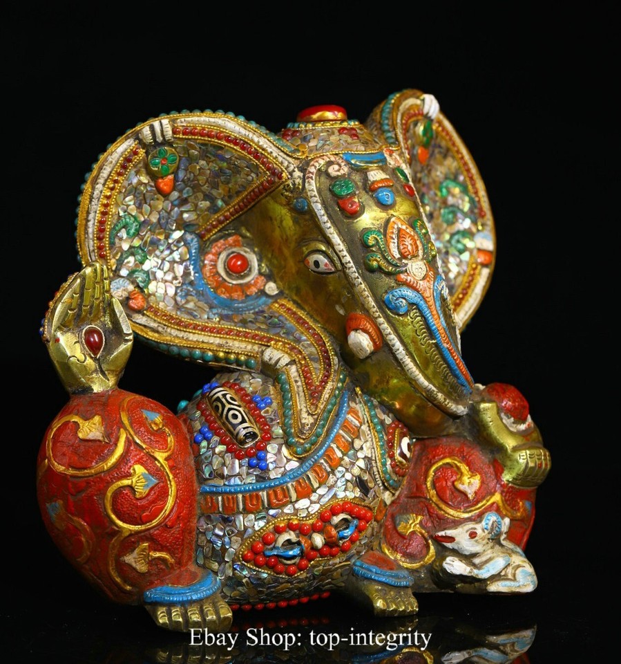 Bronze Painting Inlay Gems Dzi Shell Ganapati Mammon Elephant God ...